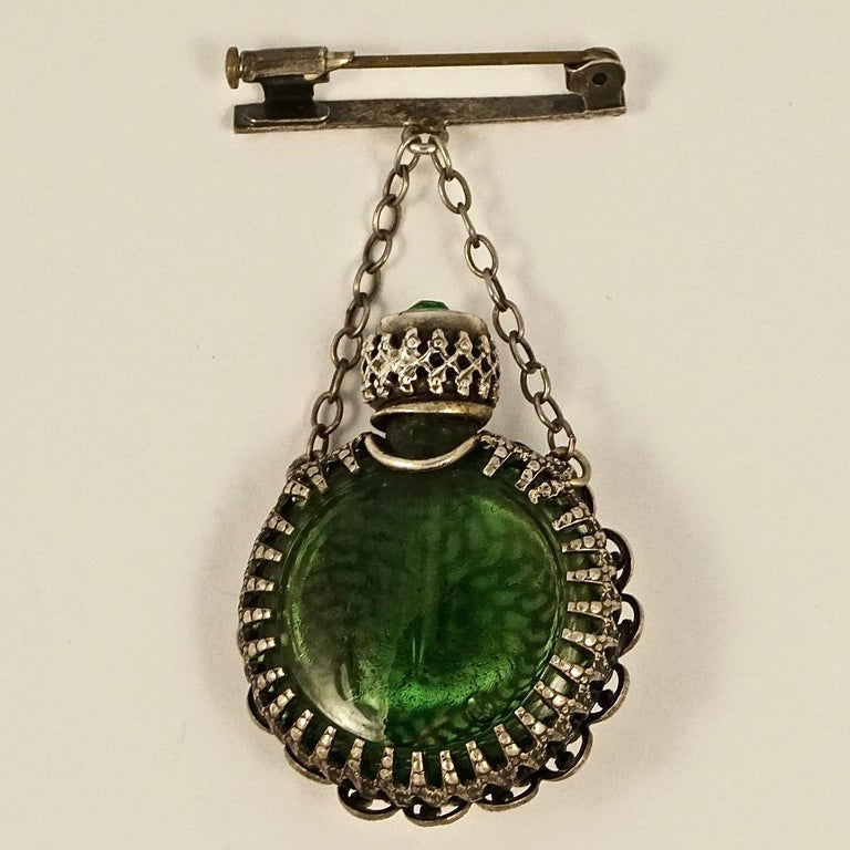 Silver Plated Filigree and Green Glass Miniature Perfume Bottle Brooch ...