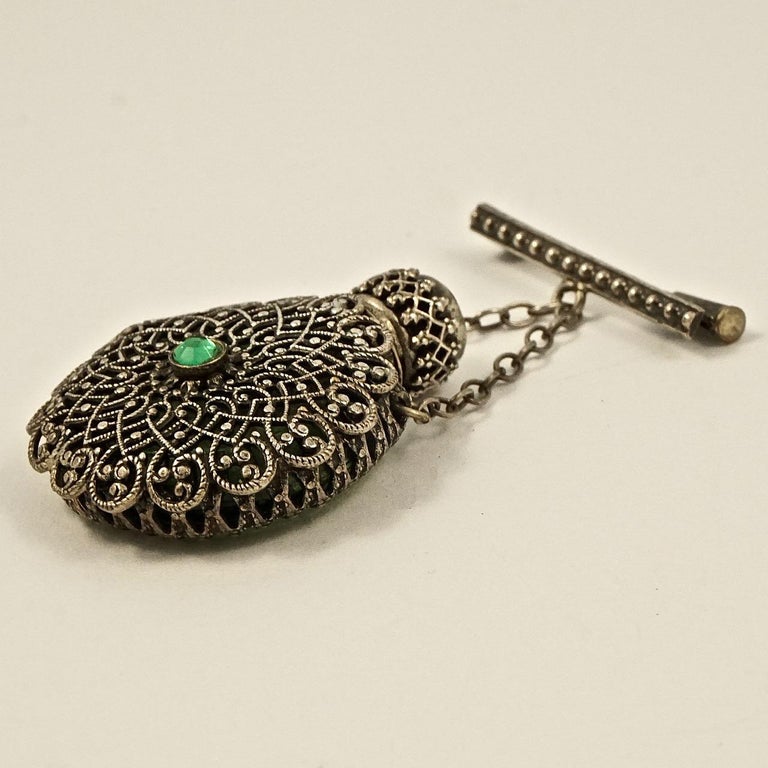 Silver Plated Filigree and Green Glass Miniature Perfume Bottle Brooch ...