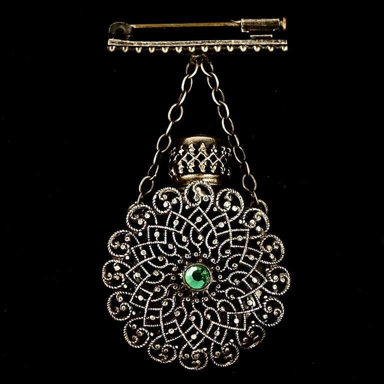 Silver Plated Filigree and Green Glass Miniature Perfume Bottle Brooch ...