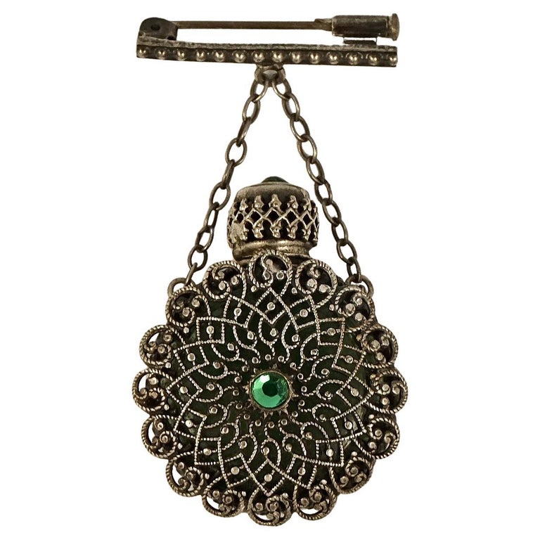 Silver Plated Filigree and Green Glass Miniature Perfume Bottle Brooch ...