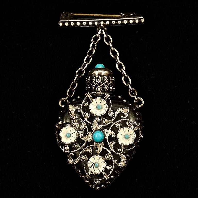 Silver Plated Filigree Turquoise Glass Enamel Miniature Perfume Bottle ...