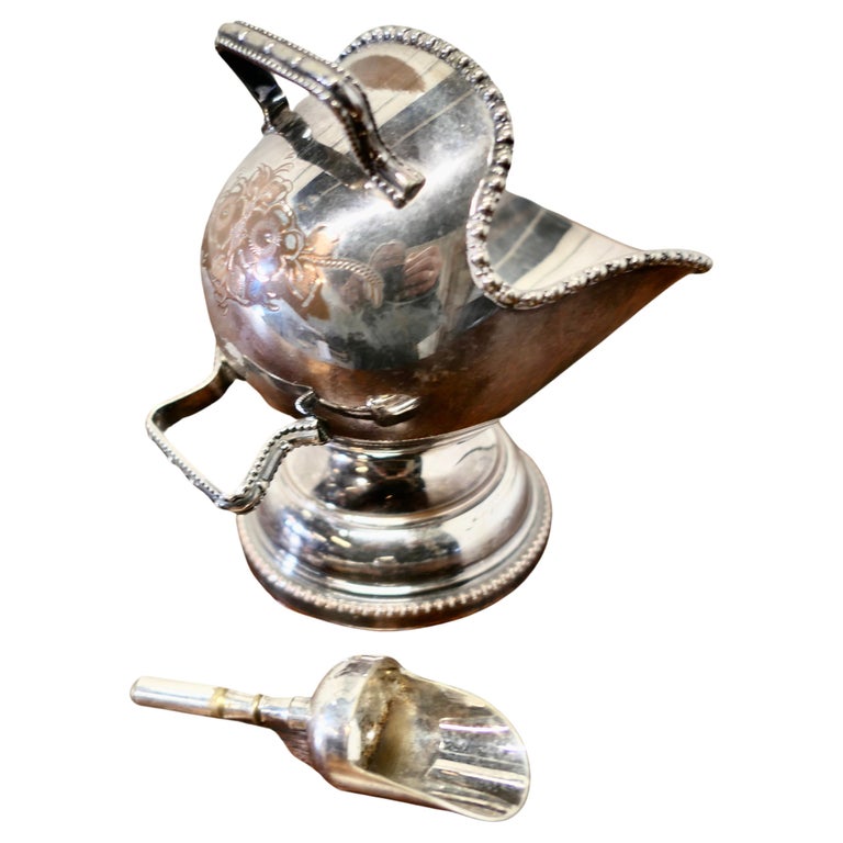 Silver Plated Novelty Sugar Scuttle with Original Scoop For Sale at 1stDibs
