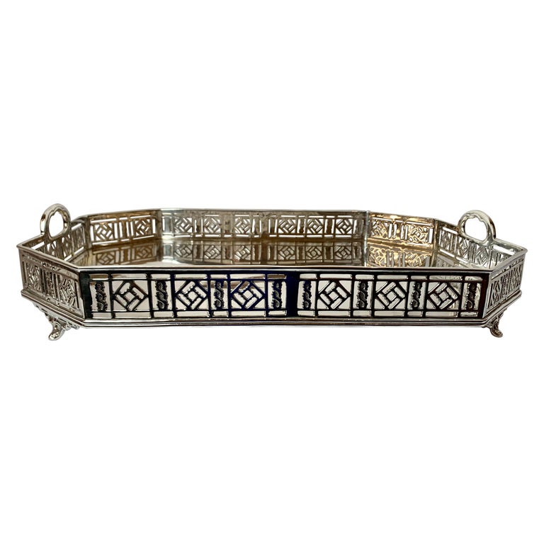 Pierced Silver Plated Rectangular Gallery Tray with Handles at 1stDibs