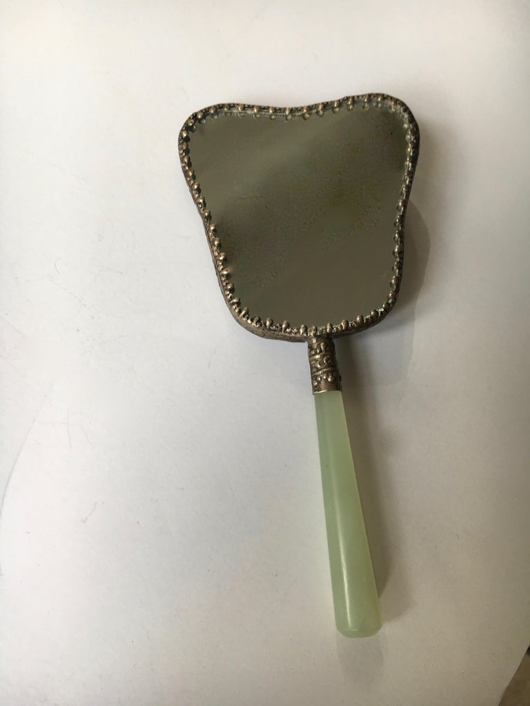 Silver Repousse Asian Hand Mirror with White Jade Handle at 1stDibs