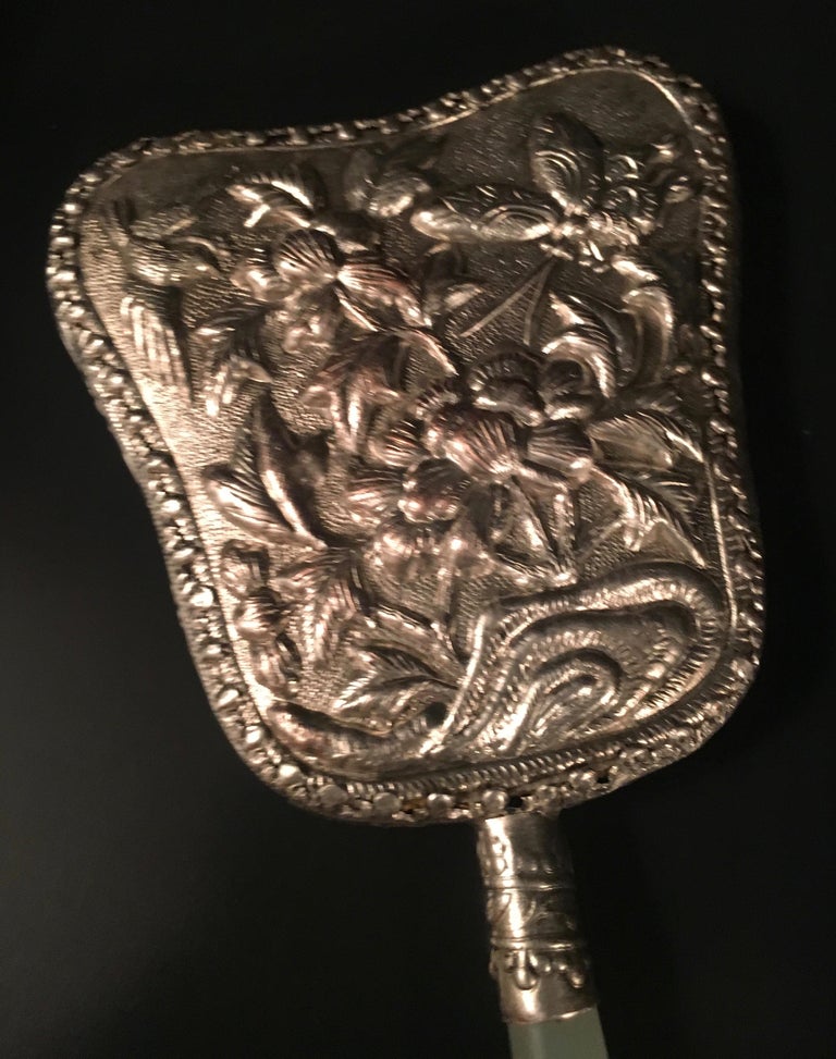 Silver Repousse Asian Hand Mirror with White Jade Handle at 1stDibs