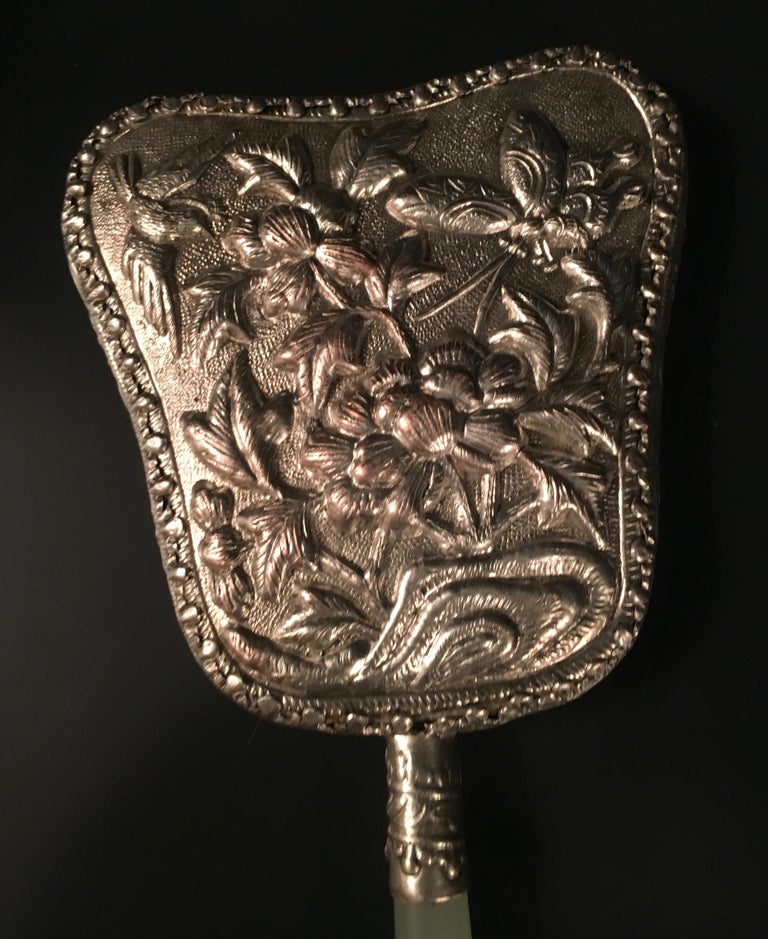 Silver Repousse Asian Hand Mirror with White Jade Handle at 1stDibs