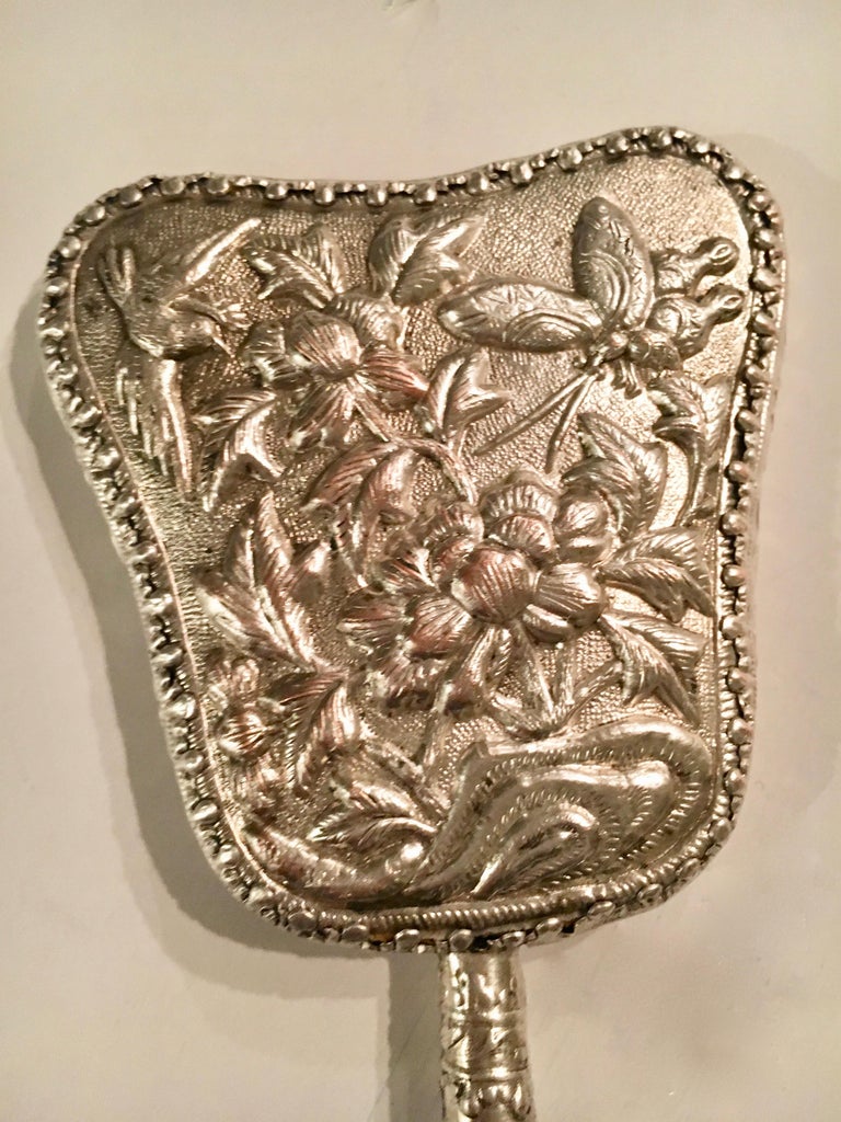 Silver Repousse Asian Hand Mirror with White Jade Handle at 1stDibs
