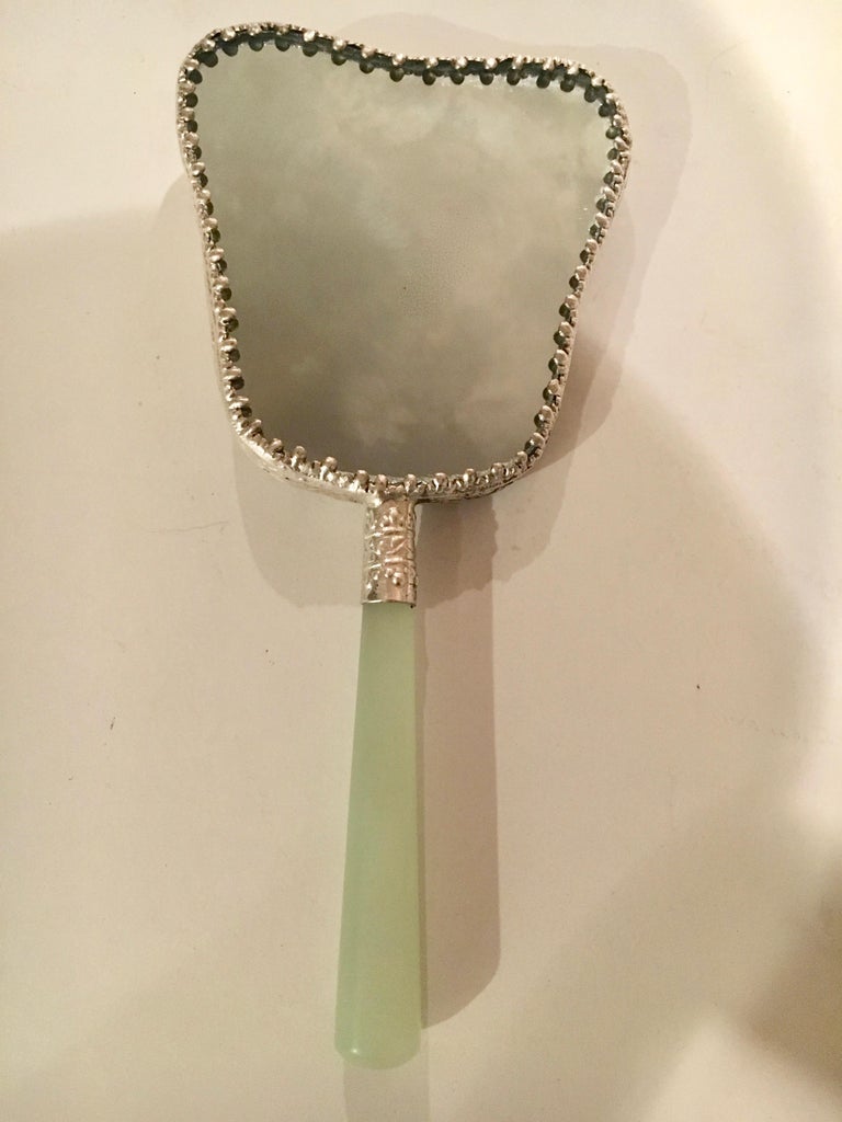 Silver Repousse Asian Hand Mirror with White Jade Handle at 1stDibs