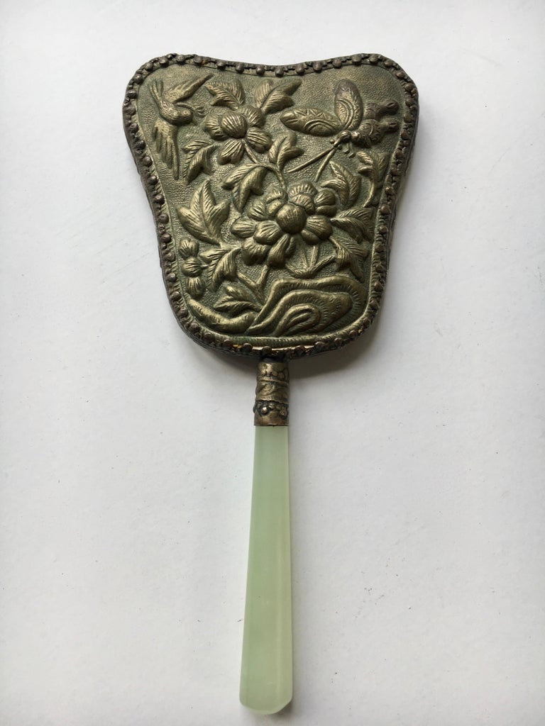 Silver Repousse Asian Hand Mirror with White Jade Handle at 1stDibs