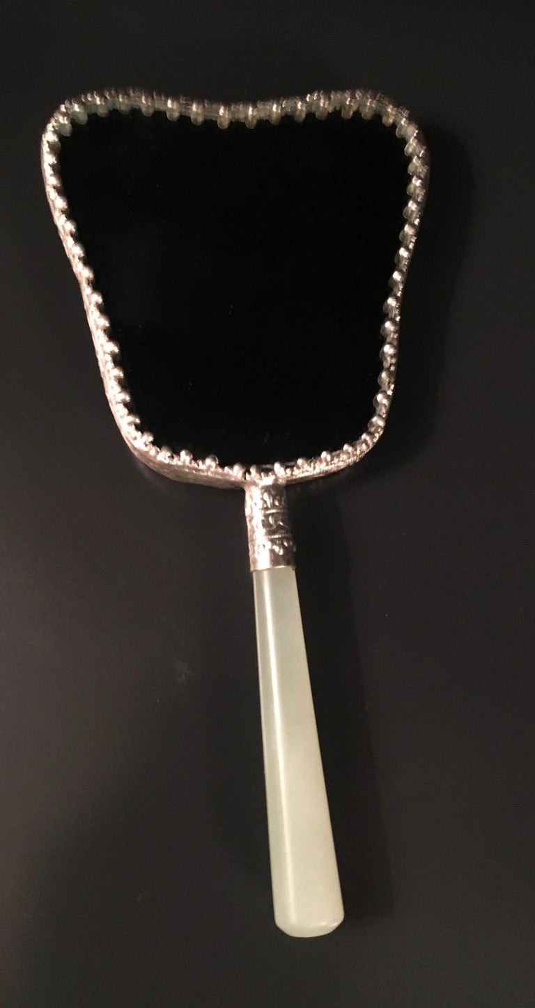 Silver Repousse Asian Hand Mirror with White Jade Handle at 1stDibs