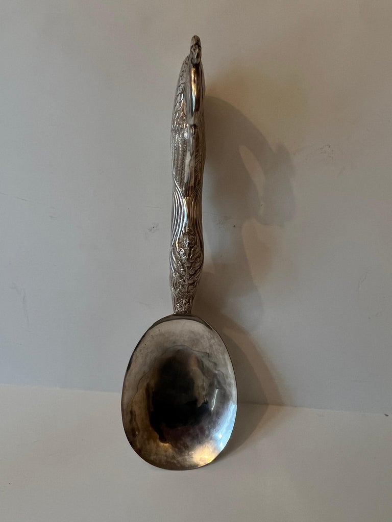 Silver Repoussé Serving Spoon with Peacock For Sale at 1stDibs