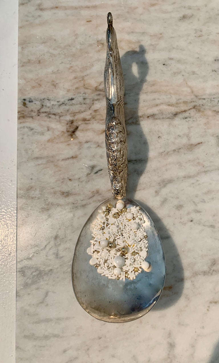 Silver Repoussé Serving Spoon with Peacock For Sale at 1stDibs