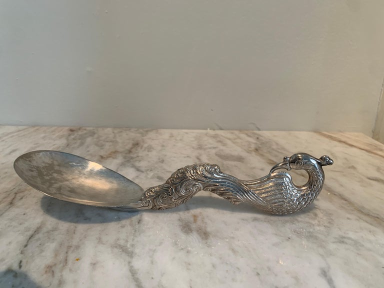 Silver Repoussé Serving Spoon with Peacock For Sale at 1stDibs