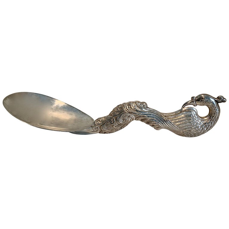 Silver Repoussé Serving Spoon with Peacock For Sale at 1stDibs