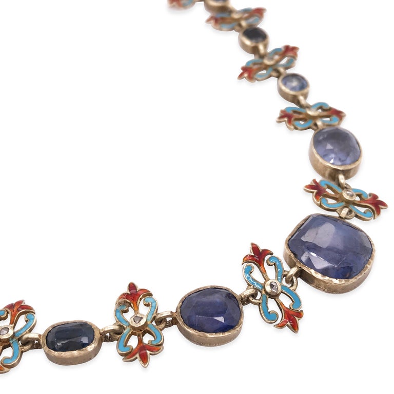 Silver Sapphire and Enamel Necklace, GIA For Sale at 1stDibs