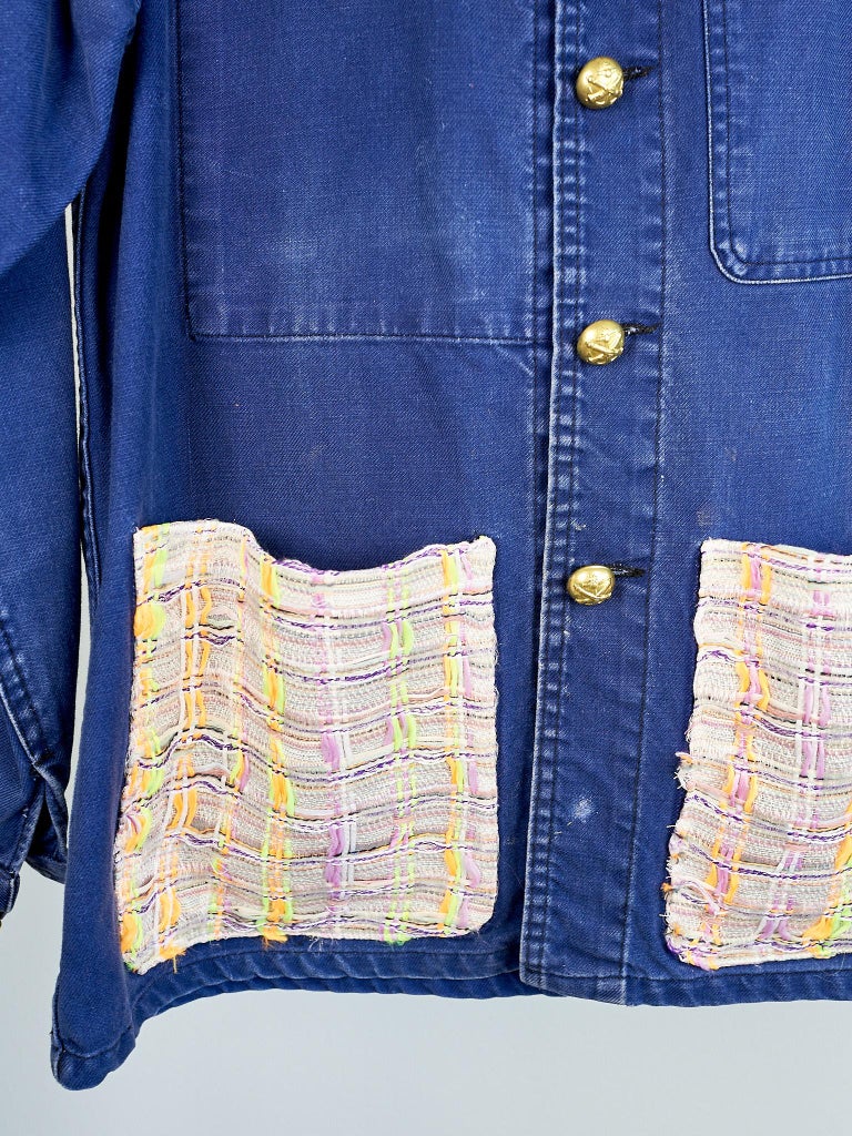 Silver Sequin Jacket French Work Wear Blue Cotton Tweed Orange Lurex J Dauphin For Sale at 1stDibs