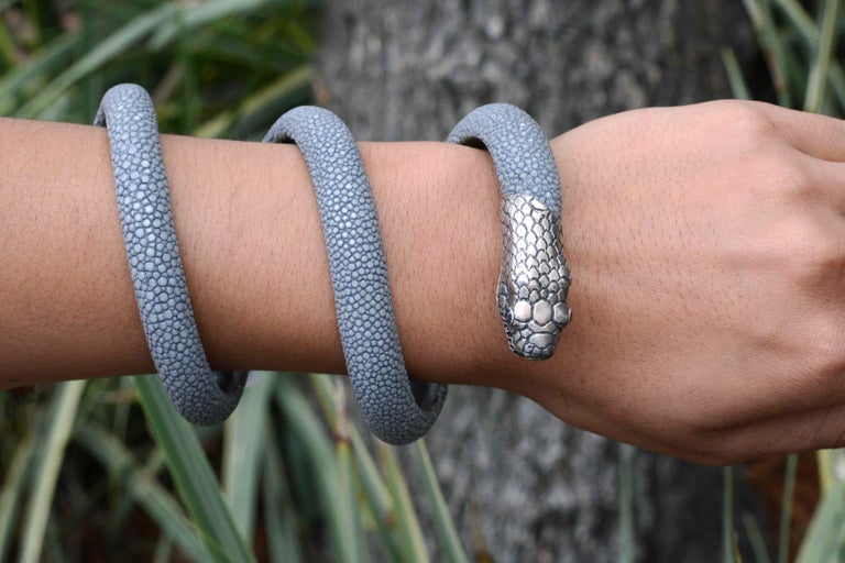 Silver Snake Arm Cuff Bracelet Coiled Serpent Shagreen Leather Stingray ...