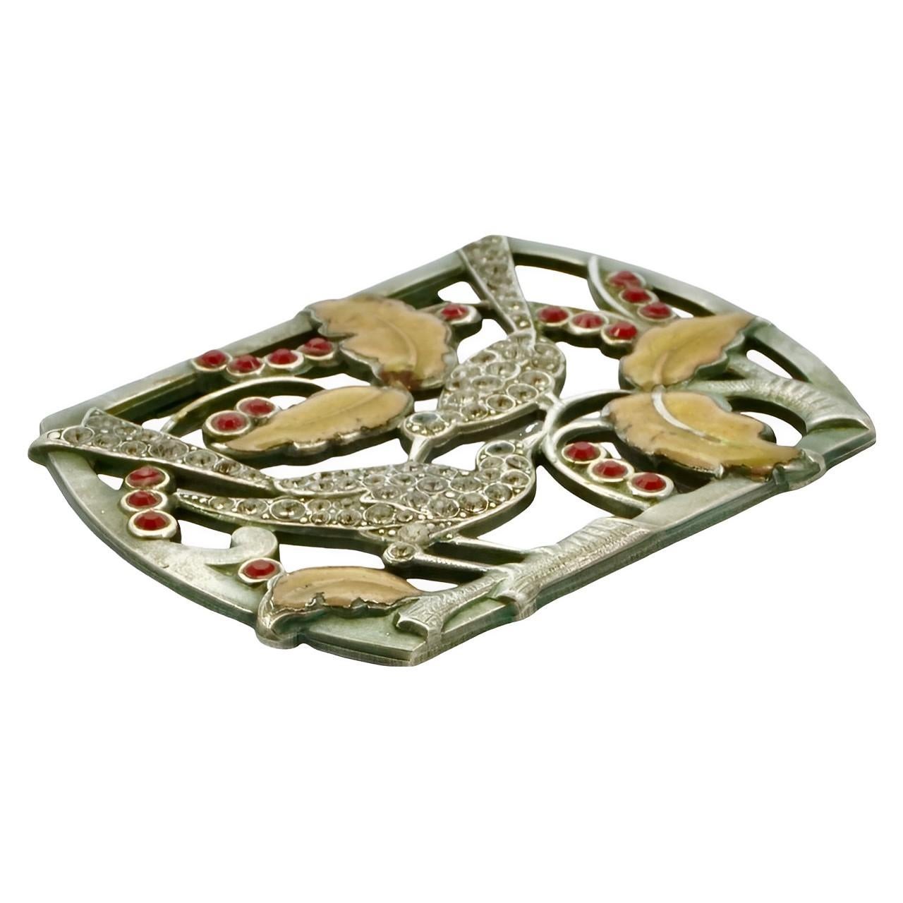 Silver Tone Bird and Tree Design Brooch with Rhinestone and Enamel ...