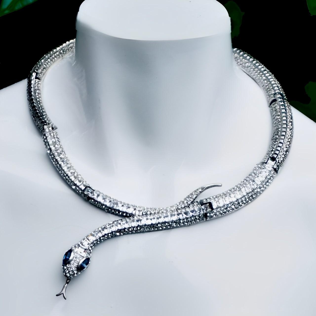 Silver Tone Black Enamel and Rhinestones Snake Link Collar Necklace For ...
