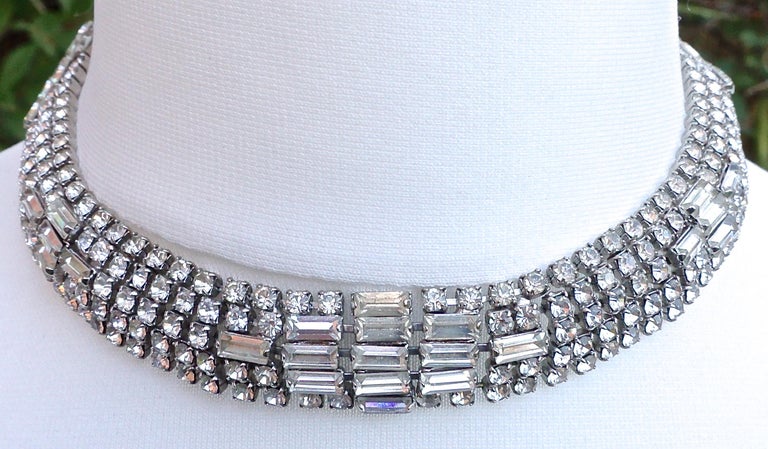 Silver Tone Classic Clear Rhinestone Collar / Necklace, circa 1950s at ...