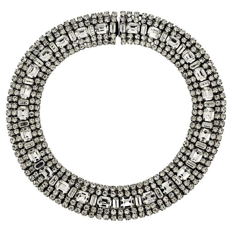 Silver Tone Classic Clear Rhinestone Collar / Necklace circa 1950s For ...