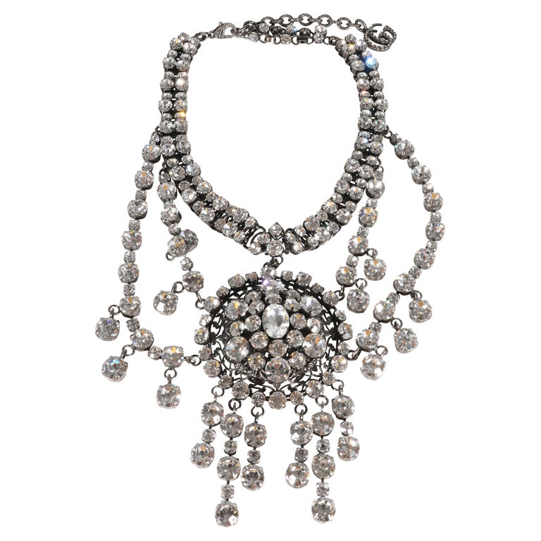 Silver Tone Gucci Crystal Statement Necklace For Sale at 1stDibs