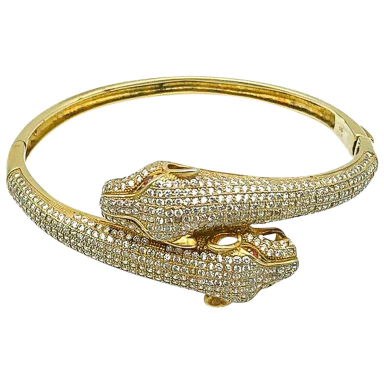 Silver Vermeil and Crystal Double Headed Panther Bangle 2000s For Sale ...