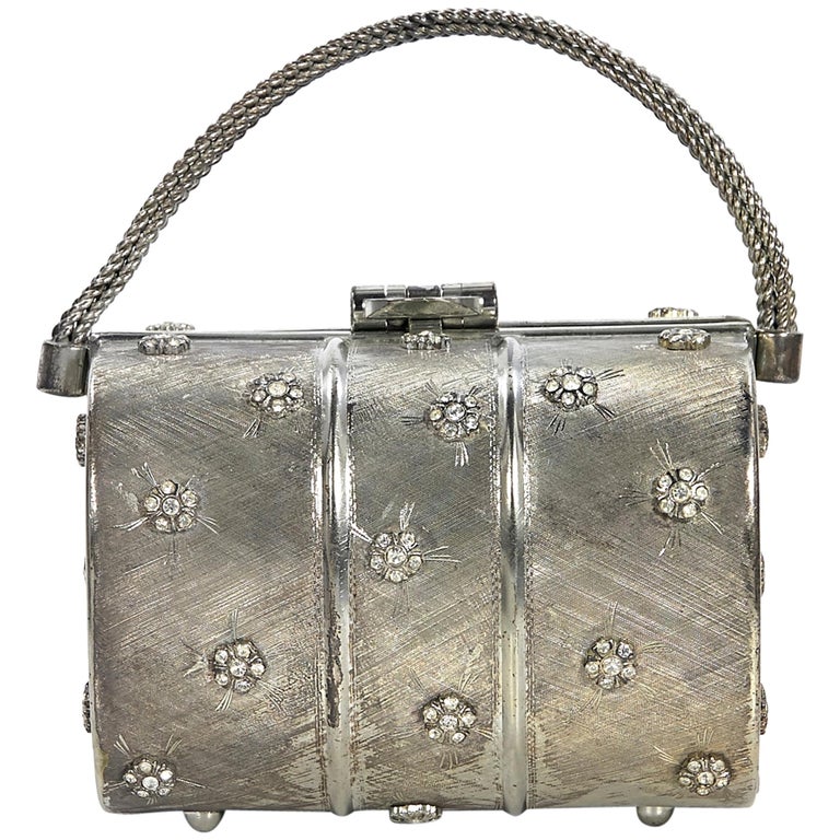 Silver Vintage Rodo Floral Crystal Mini Box Bag at 1stDibs
