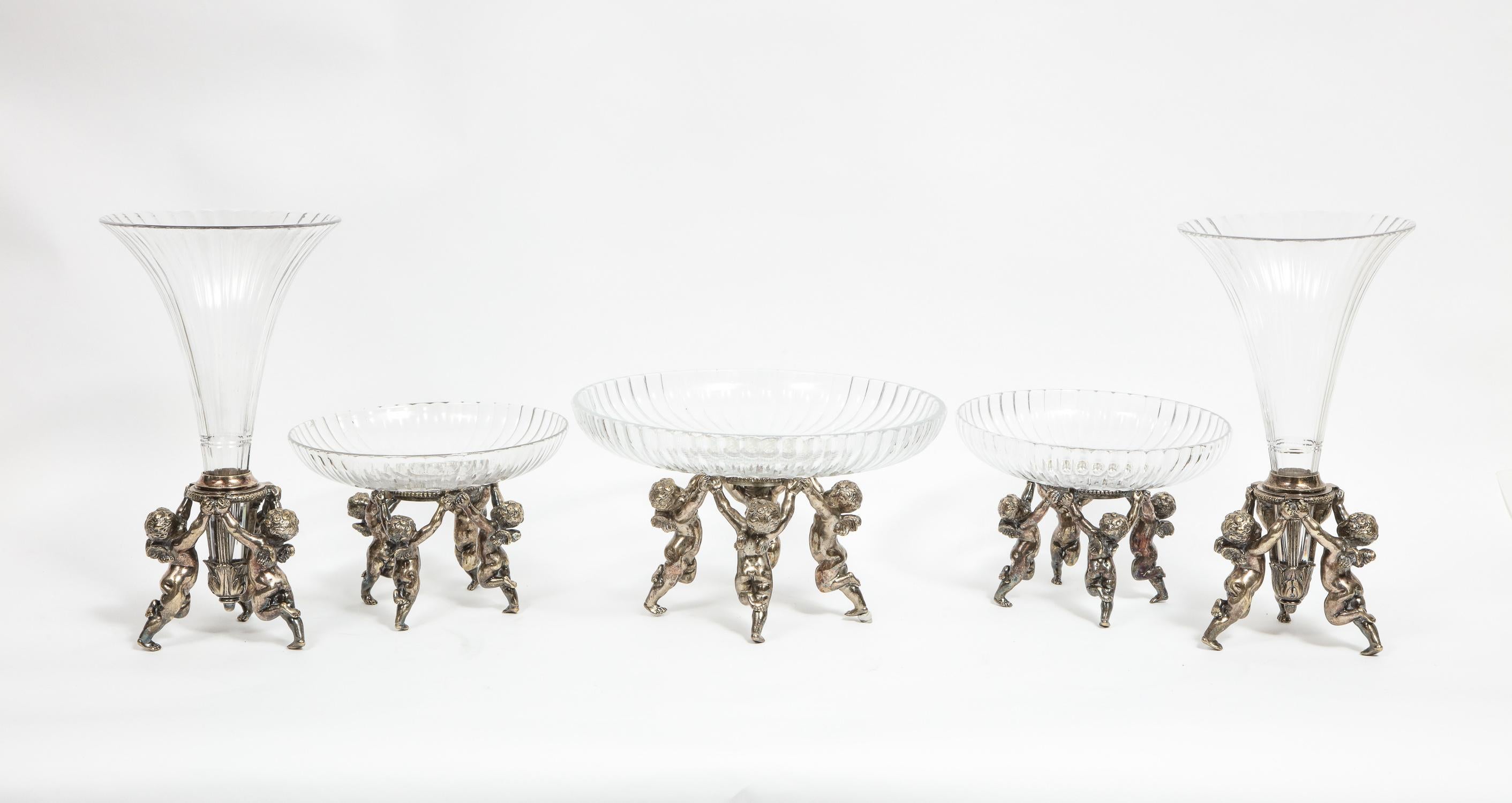Silvered Bronze and Cut Glass Five-Piece Table Garniture Attributed to ...