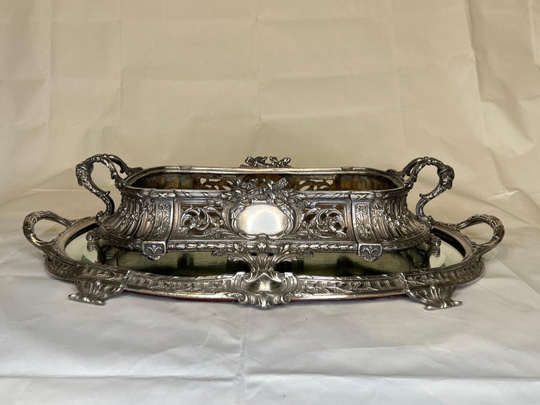 Silvered Bronze Centerpiece and Mirrored Plateau For Sale at 1stDibs