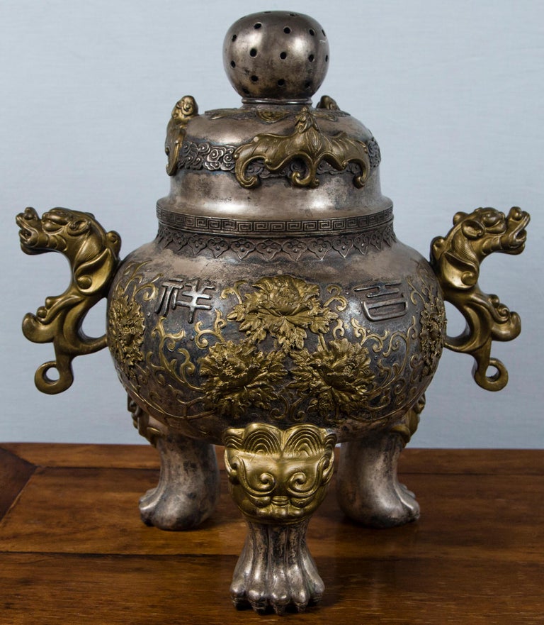 Silvered Bronze Chinese Incensor For Sale at 1stDibs