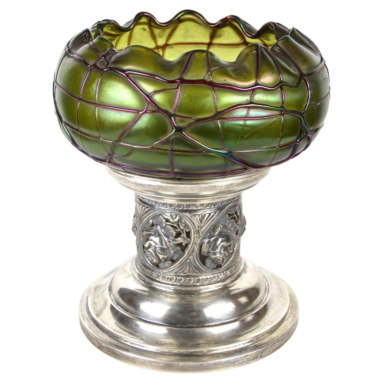 Silvered Centerpiece with Iridiscent Palme Koenig Glass Bowl, CZ ca ...