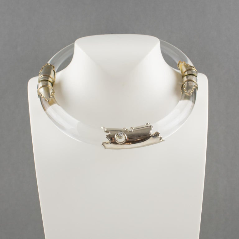 Silvered Metal and Lucite Futuristic Collar Necklace For Sale at 1stDibs