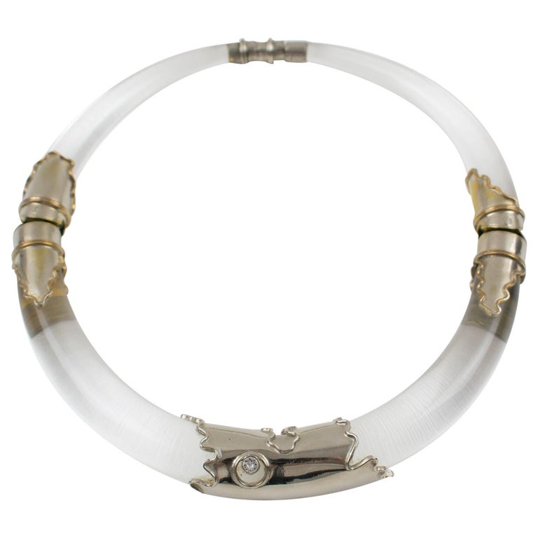 Silvered Metal and Lucite Futuristic Collar Necklace For Sale at 1stDibs