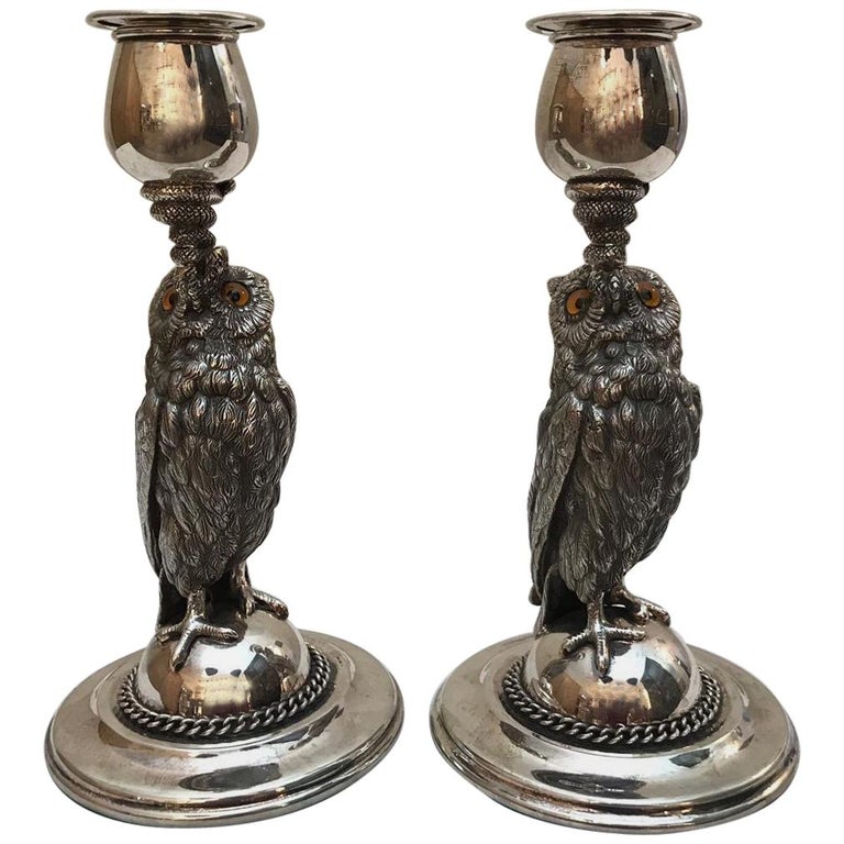 Silverplated Owl Candlesticks at 1stDibs