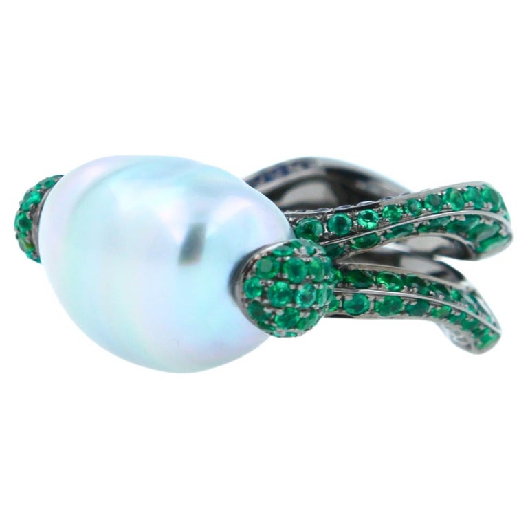 Silvery White Iridescent South Sea Pearl Emerald Diamond Sapphire 18K ...