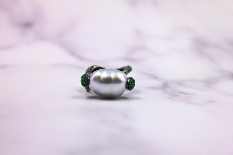 Silvery White Iridescent South Sea Pearl Emerald Diamond Sapphire 18K ...