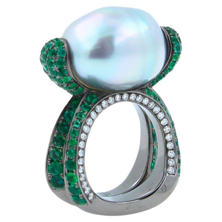 Silvery White Iridescent South Sea Pearl Emerald Diamond Sapphire 18K ...