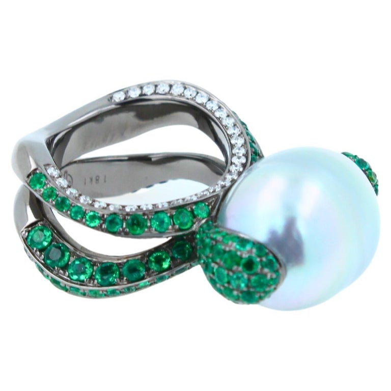 Silvery White Iridescent South Sea Pearl Emerald Diamond Sapphire 18K ...