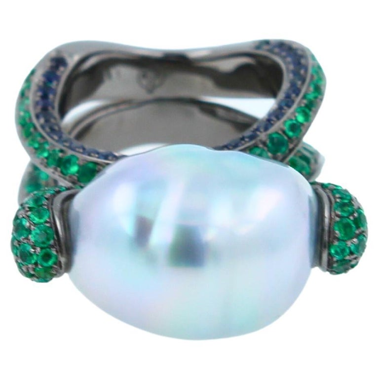 Silvery White Iridescent South Sea Pearl Emerald Diamond Sapphire 18K ...