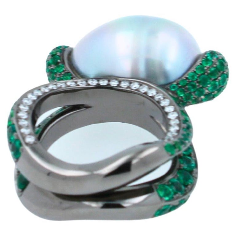 Silvery White Iridescent South Sea Pearl Emerald Diamond Sapphire 18K ...