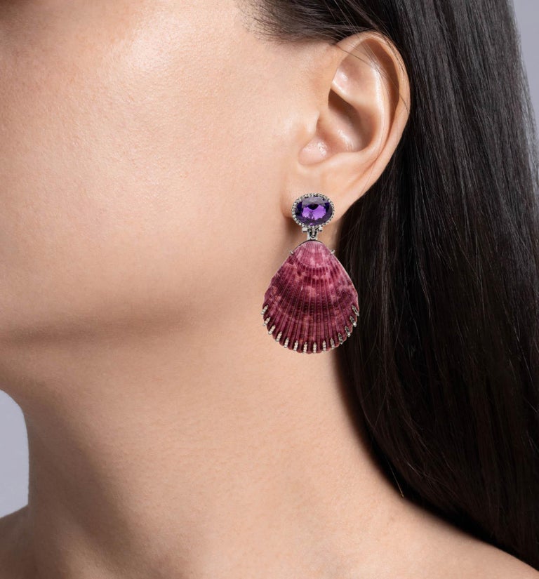 Silvia Furmanovich 18k White Gold Oval Amethyst Diamond Shell Earrings ...