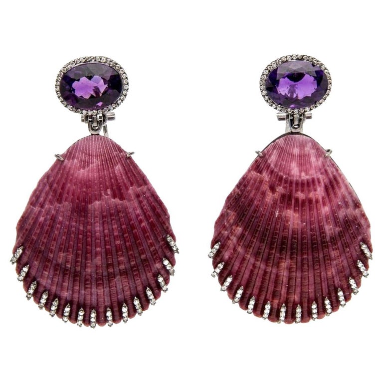 Silvia Furmanovich 18k White Gold Oval Amethyst Diamond Shell Earrings ...