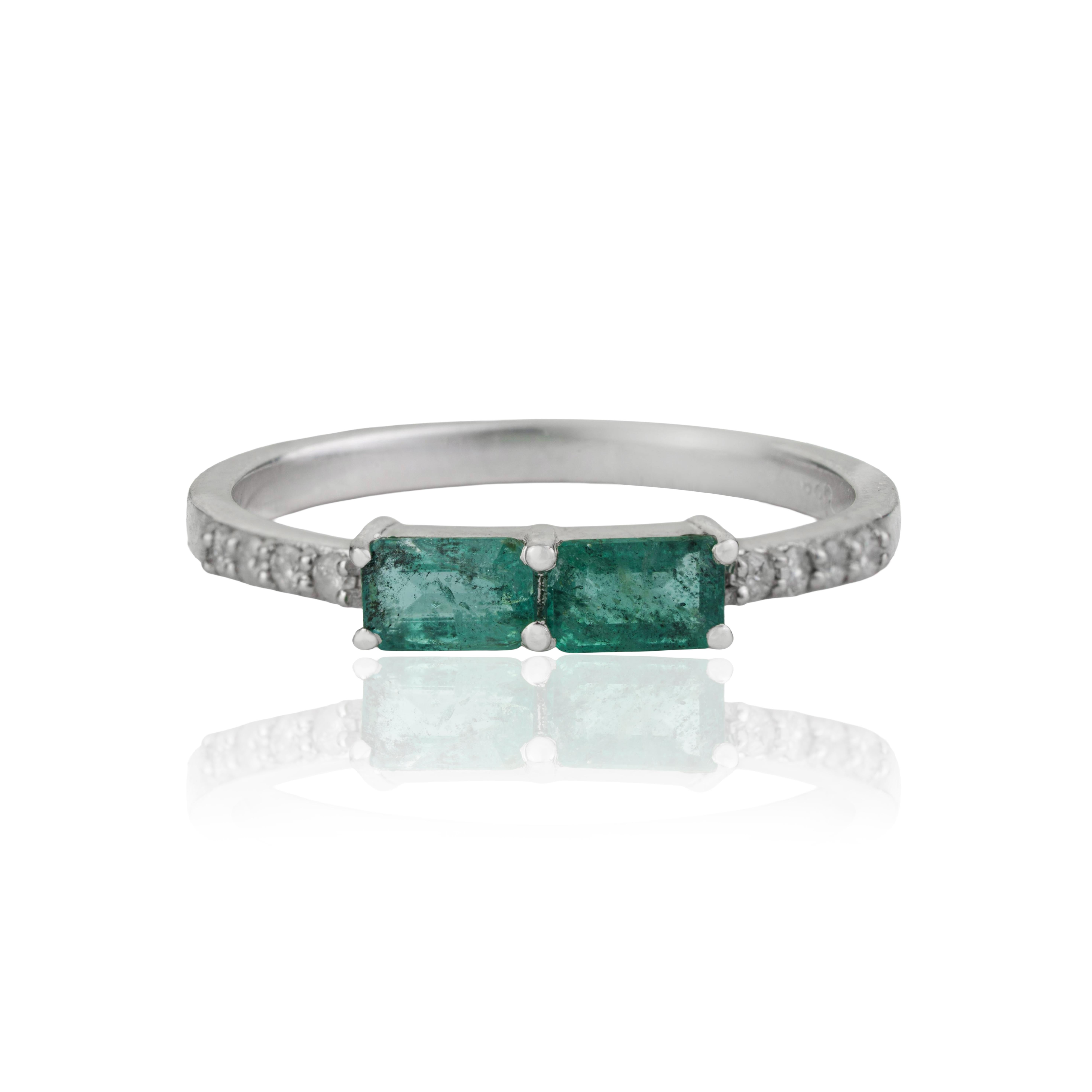 Customizable Silvorra Sleek Two Stone Emerald and Diamond Stackable ...