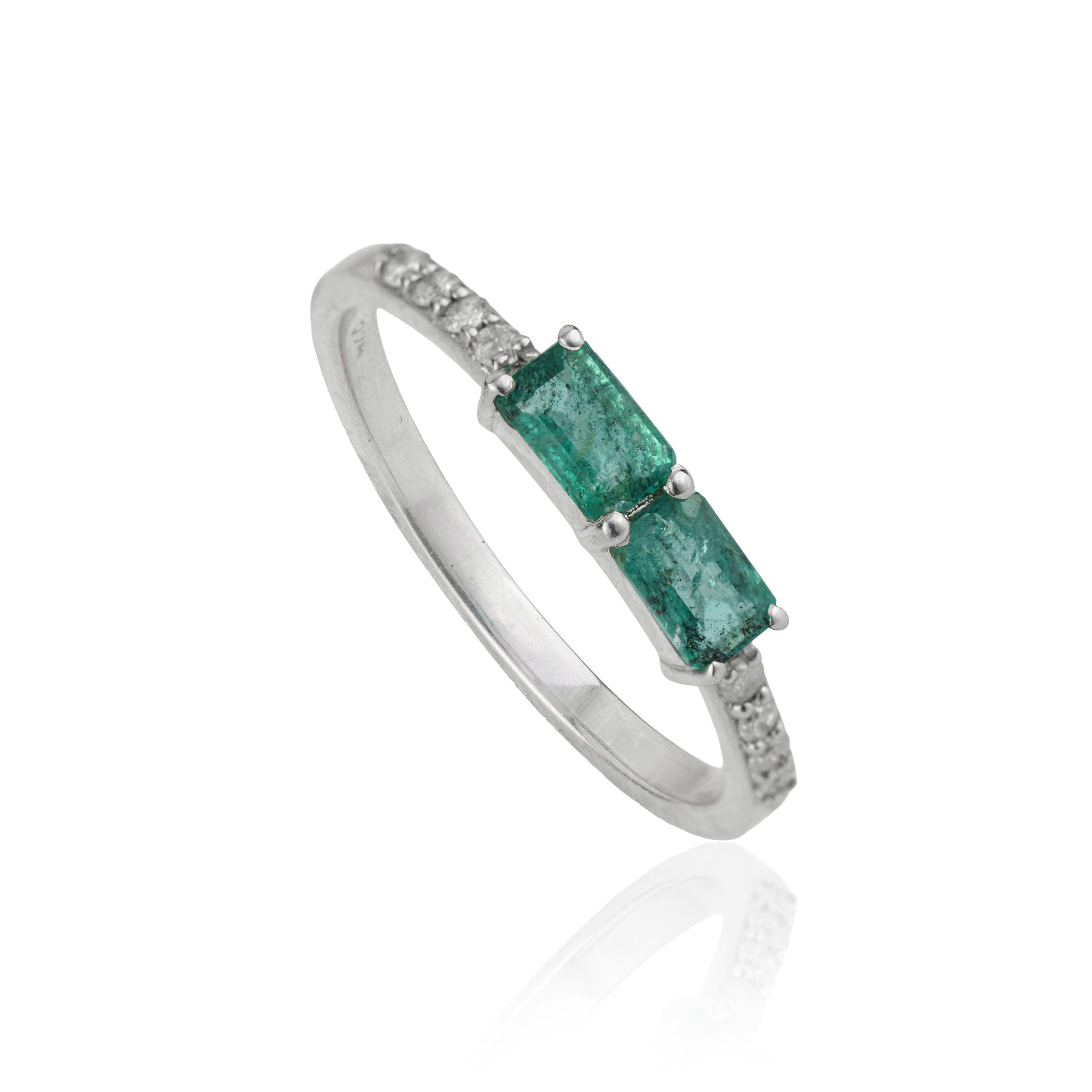 Customizable Silvorra Sleek Two Stone Emerald and Diamond Stackable ...