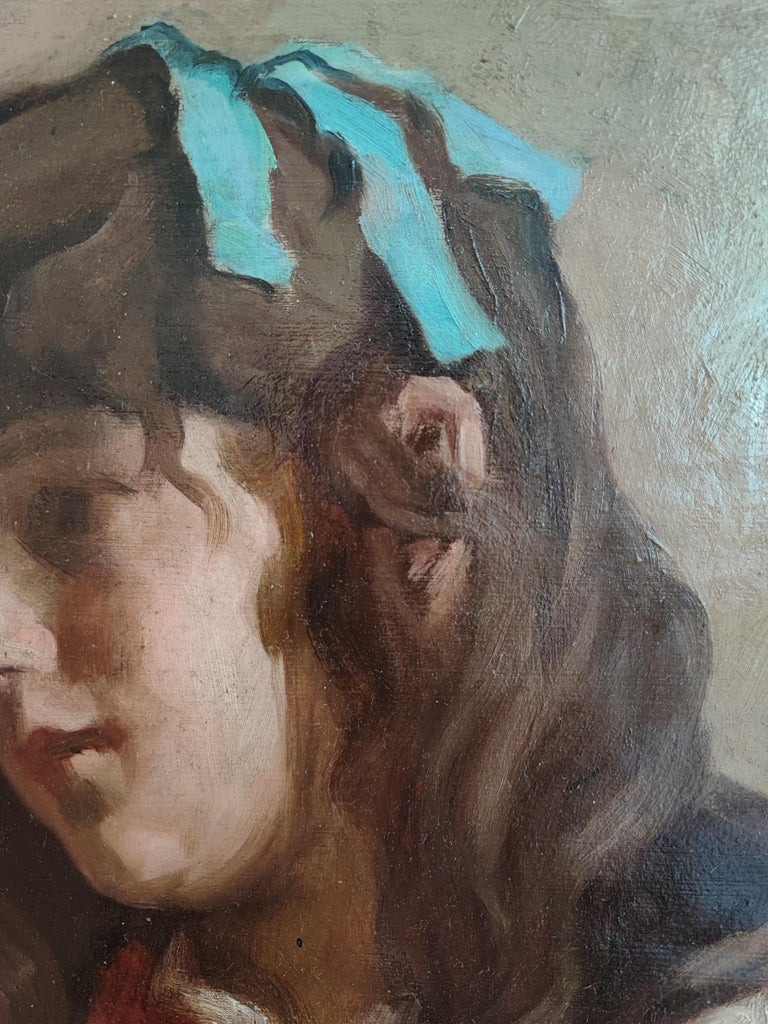 Simon Durand - Girl with basket and blue bow For Sale at 1stDibs
