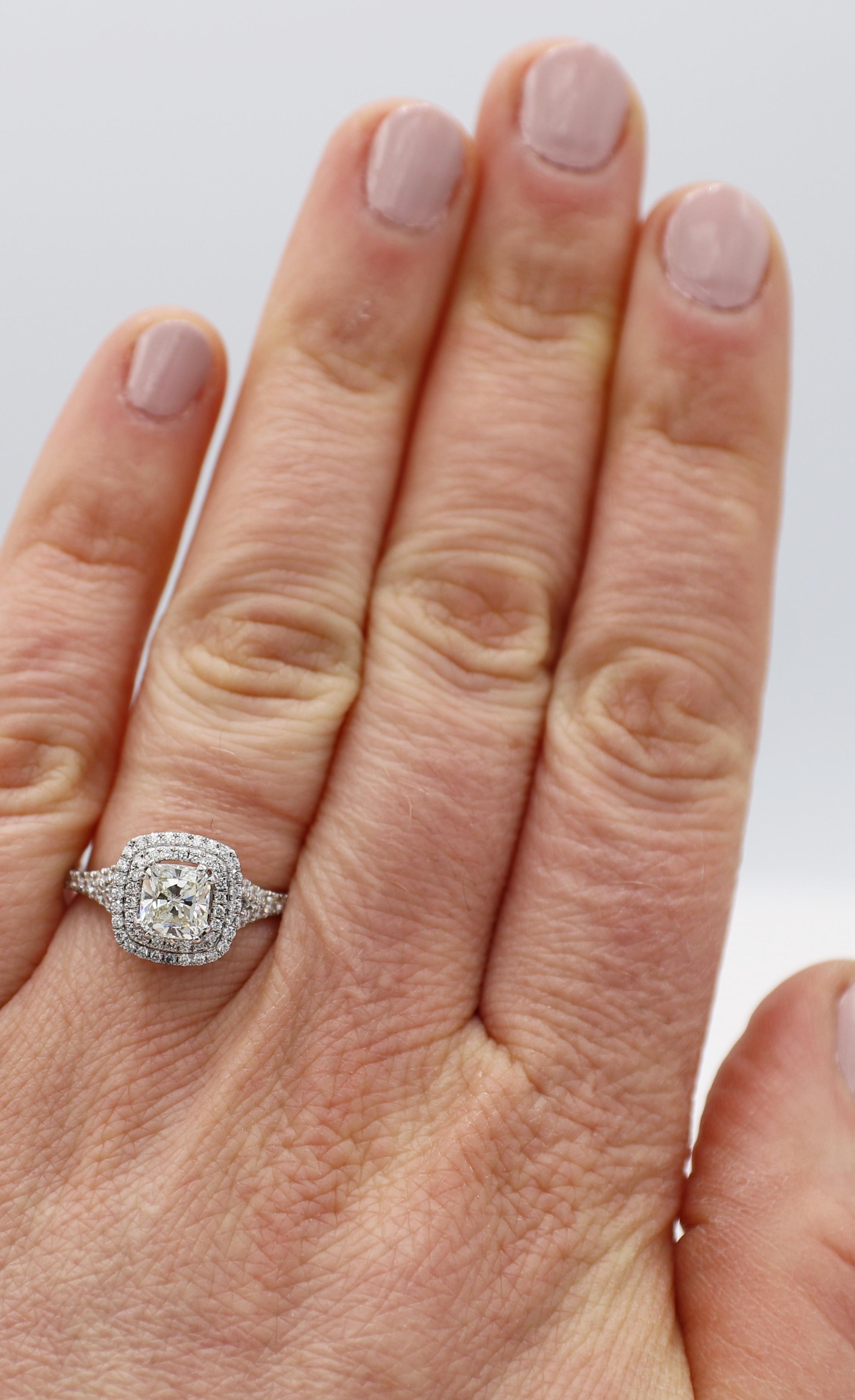 Simon G. Platinum Cushion Diamond Double Halo Engagement Ring For Sale ...