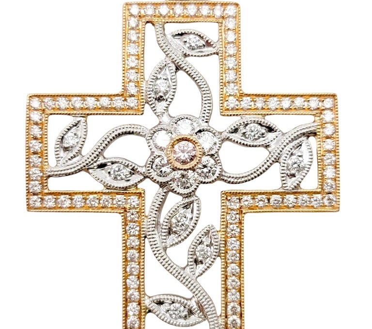 Simon G Two Tone Floral Motif Diamond Cross Pendant Necklace in 18 ...