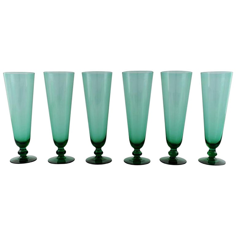 Simon Gate for Orrefors, a Set of Six Green Champagne Glass at 1stDibs