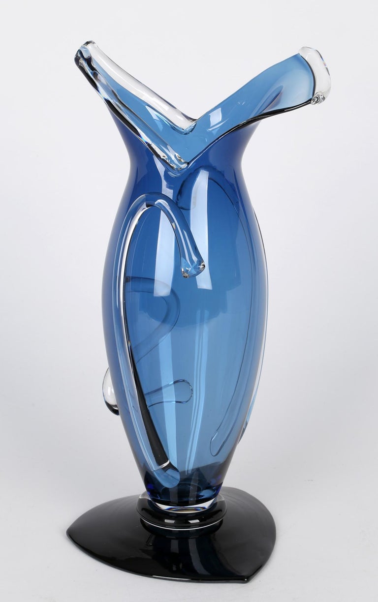 Simon Moore English Hand Blown Blue Art Glass Vase Dated 1989 For Sale ...